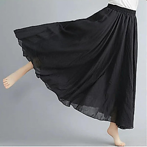 Phorecys Women's Casual Long Maxi Skirt Cotton Elastic Waist Boho Goth Fairy Renaissance Weekend Skirts Dress Black 105CM Length