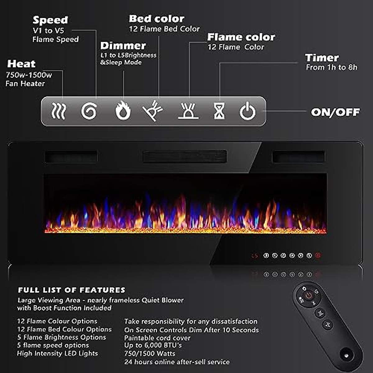 BOSSIN 60 inch Ultra-Thin Silence Linear Electric Fireplace, Recessed Wall Mounted Fireplace, Fit for 2 x 4 and 2 x 6 Stud, 12 Adjustable Flame Color & Speed,Touch Screen Remote Control with 8h Timer