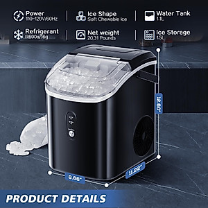 Nugget Ice Makers Countertop, Crushed Ice Maker with 35Lbs/24H,Soft Chewable Ice, Pebble Ice Maker with Self-Cleaning, Ice Scoop and Ice Basket,for Home,Office,Kitchen,Stainless Steel (Black)