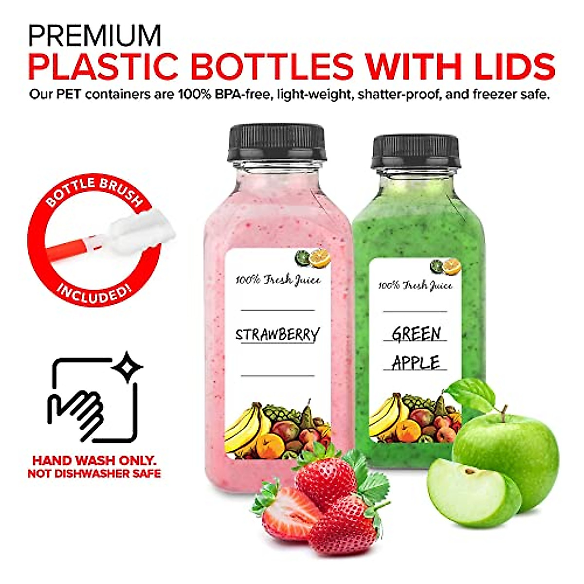 12 oz Plastic Bottles with Caps (100 pack) - Reusable Clear Empty Juice Bottles - 12 Oz Drink Containers for Mini Fridge, Juicer Shots - Mini Water Bottles - Include Labels, Brush & Funnel