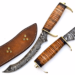 Skokie Knives Custom Hand Made Damascus Steel Hunting Knife Handle Stacked Leather With Double Brass Double Clip