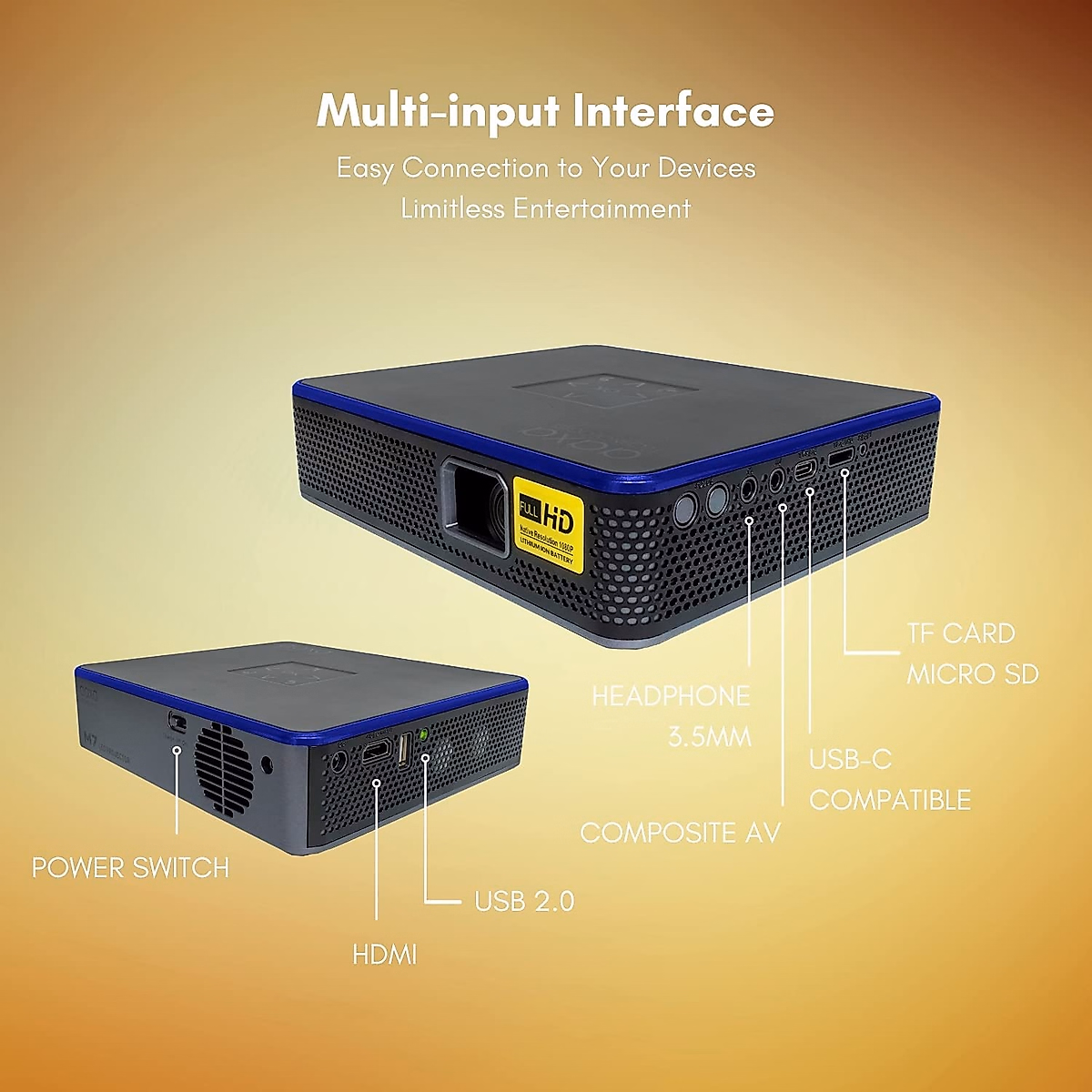 AAXA M7 Native 1080P Full HD Portable DLP Outdoor Movie Projector, 1200 LED Lumen, 3 Hour Battery, 4K 30FPS Ready, Electric Focus, 15000mah Powerbank, HDMI/USB-C/USB/TF Input, 30k Hours LED (Renewed)