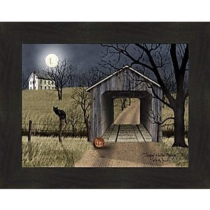 Home Cabin Décor 'Sleepy Hollow Bridge' by Billy Jacobs 16x20 Full Moon Covered Bridge Black Cat Jack-O'-Lantern Pumpkin Night Framed Art Print Picture