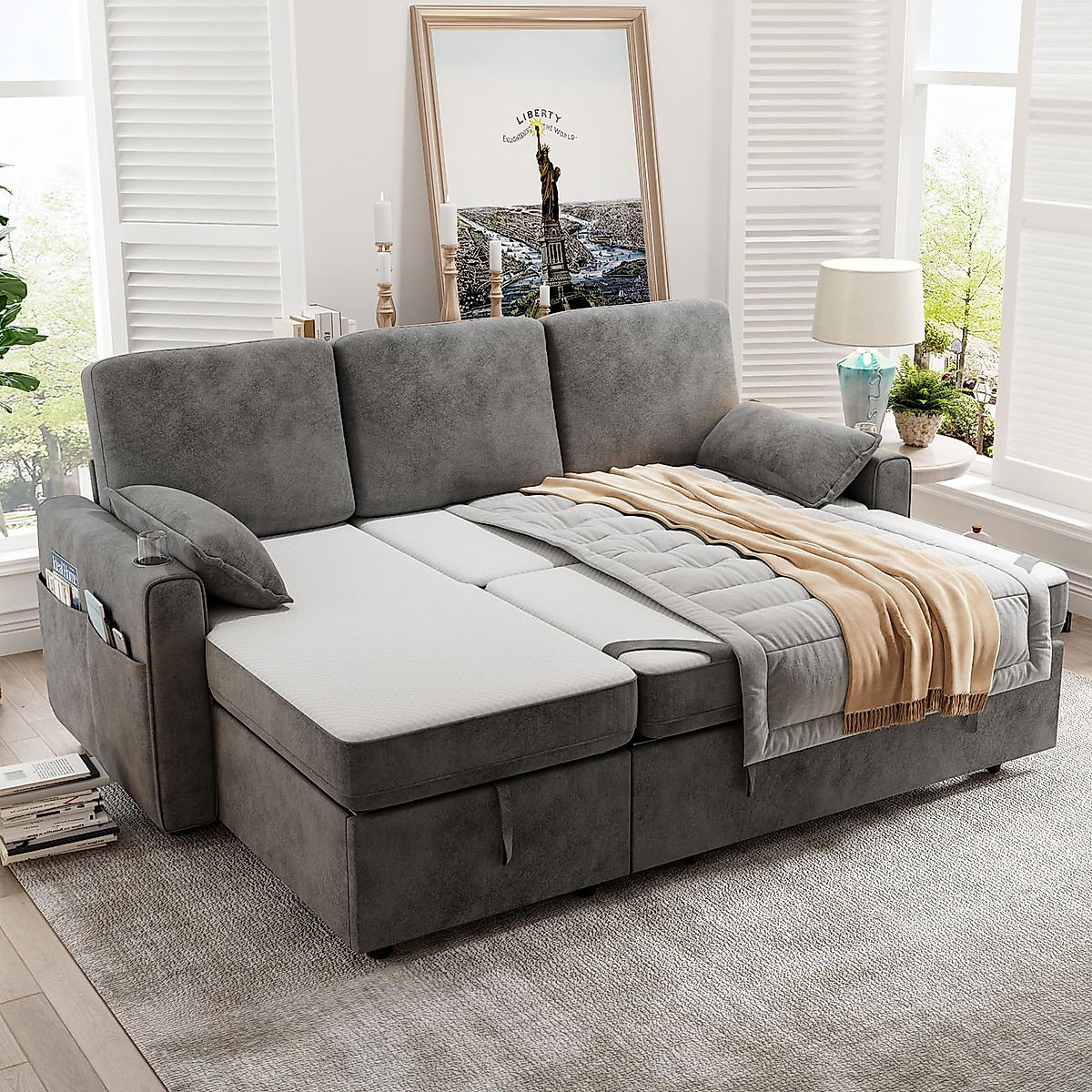 KKL Sofa Bed Couch with Storage Chaise, 85'' Pull Out Couch, Sleeper Sofa Couch with Pull Out Bed, Convertible Sectional Couch, Couch Bed Sofa Pull Out, Couches for Living Room, Chenille, Dark Grey