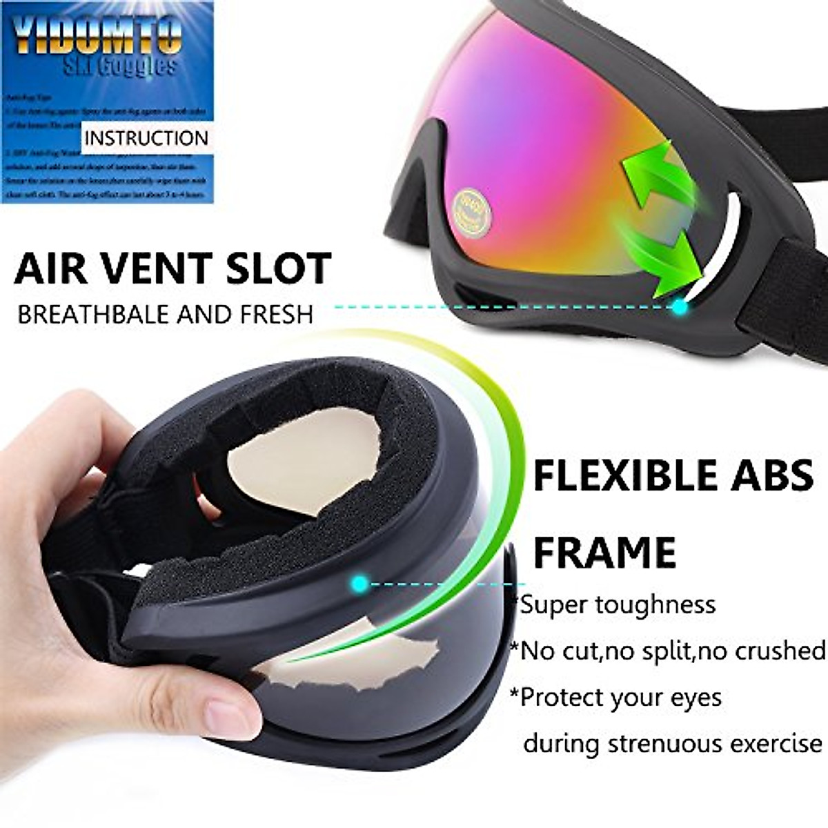 Yidomto Ski Goggles, Pack of 3 Snowboard Goggles for Kids,Boys,Girls,Youth, Mens,Womens,with UV Protection,Windproof,Anti Glare(Black-Pink-Blue)