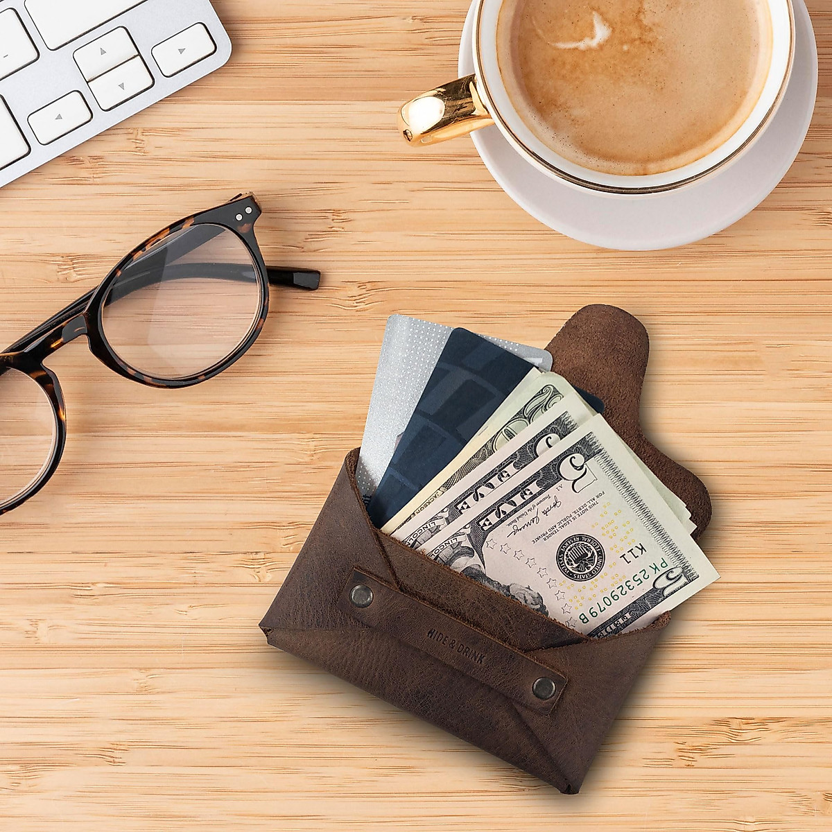 Hide & Drink, Snapless Business Card Holder for Men and Women, Vintage Wallet, Sturdy Pouch, Money Organizer, Full Grain Leather, Handmade, Bourbon Brown