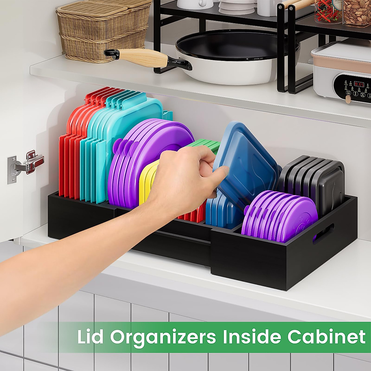 Kiasthome Expandable Bamboo Lid Organizers Inside Cabinet, Kitchen Cabinet Organizers with 3 Adjustable Dividers, Storage Plastic Lids, Food Container Lid Holder Organizer for Drawer Pantry, Black