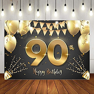 90th Black Gold Banner Photography Backdrop Balloons Crown Confetti Cheers 90 Years Old Decor Anniversary Background Banner 150x100