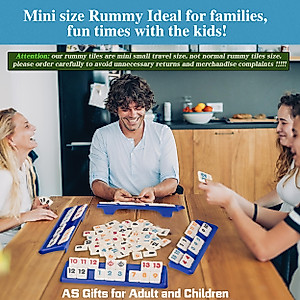 Doublefan Mini Rummy Set,Travel Size Rummy Game with Portable Bag, Mini Rummy Cube Game for Adult and Kids,106 Tiles, 4 Playing Rack, 1 Dice (2-4 Players)