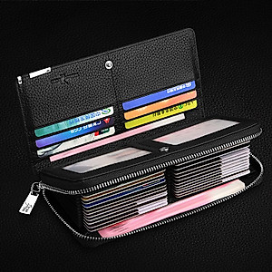 VANNANBA Long Wallet for Women Genuine Leather Zipper Wallet with 30 Card Slots|2 ID Windows|RFID Blocking|Wrist Strap|Cash Compartments|Gift Package,Large Capacity Organizer Accordion Wallet(Black)