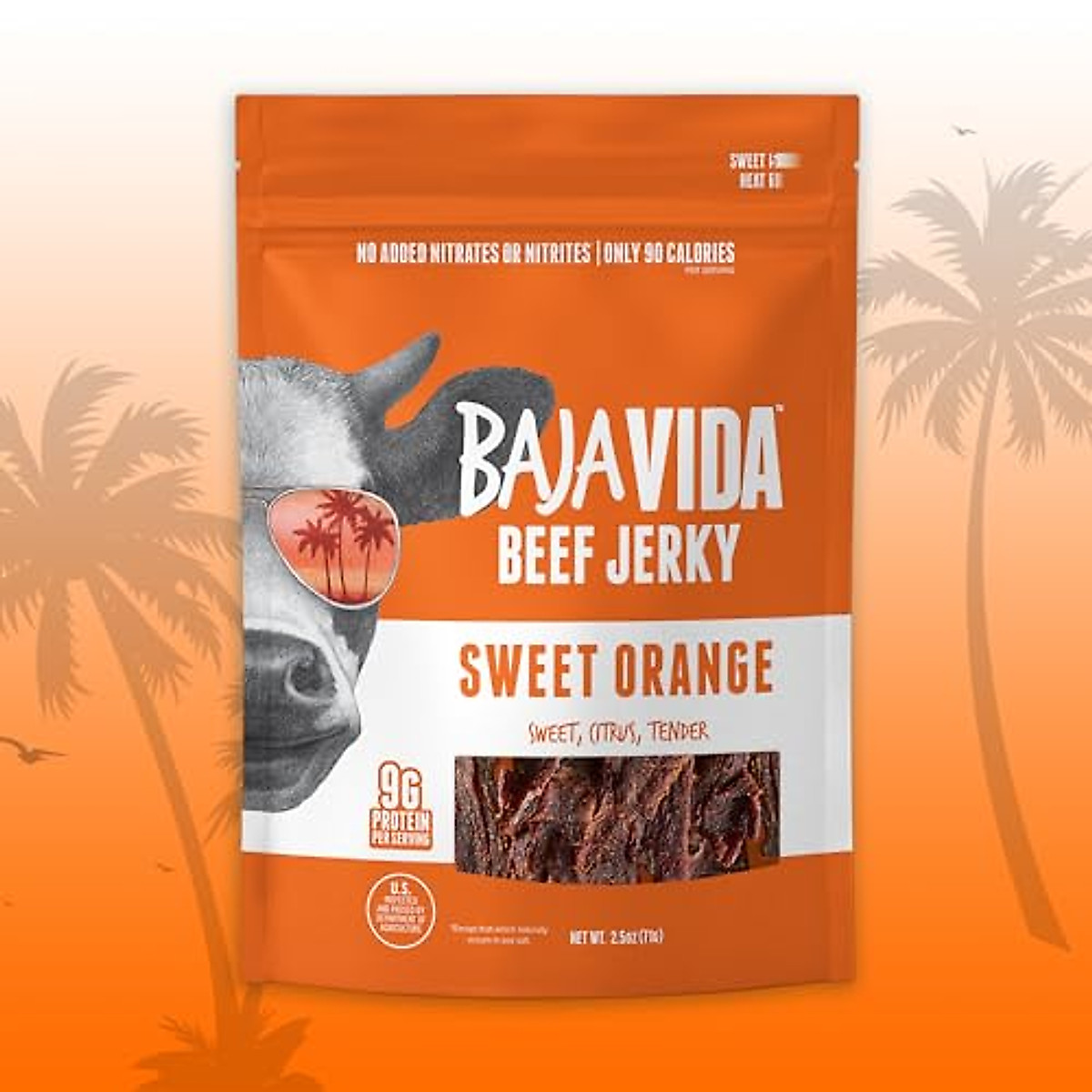 Baja Vida Sweet Orange Beef Jerky - Beef Jerky Snack Packs, Healthy Jerky, Gluten-Free, All-Natural Beef, No MSG, Made in the USA - 2.5 Oz (Pack of 4)