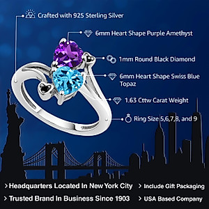Gem Stone King 925 Sterling Silver Purple Amethyst Swiss Blue Topaz and Black Diamond Ring For Women | 1.63 Cttw | Heart Shape 6MM | Gemstone Birthstone | Available In Size 5, 6, 7, 8, 9