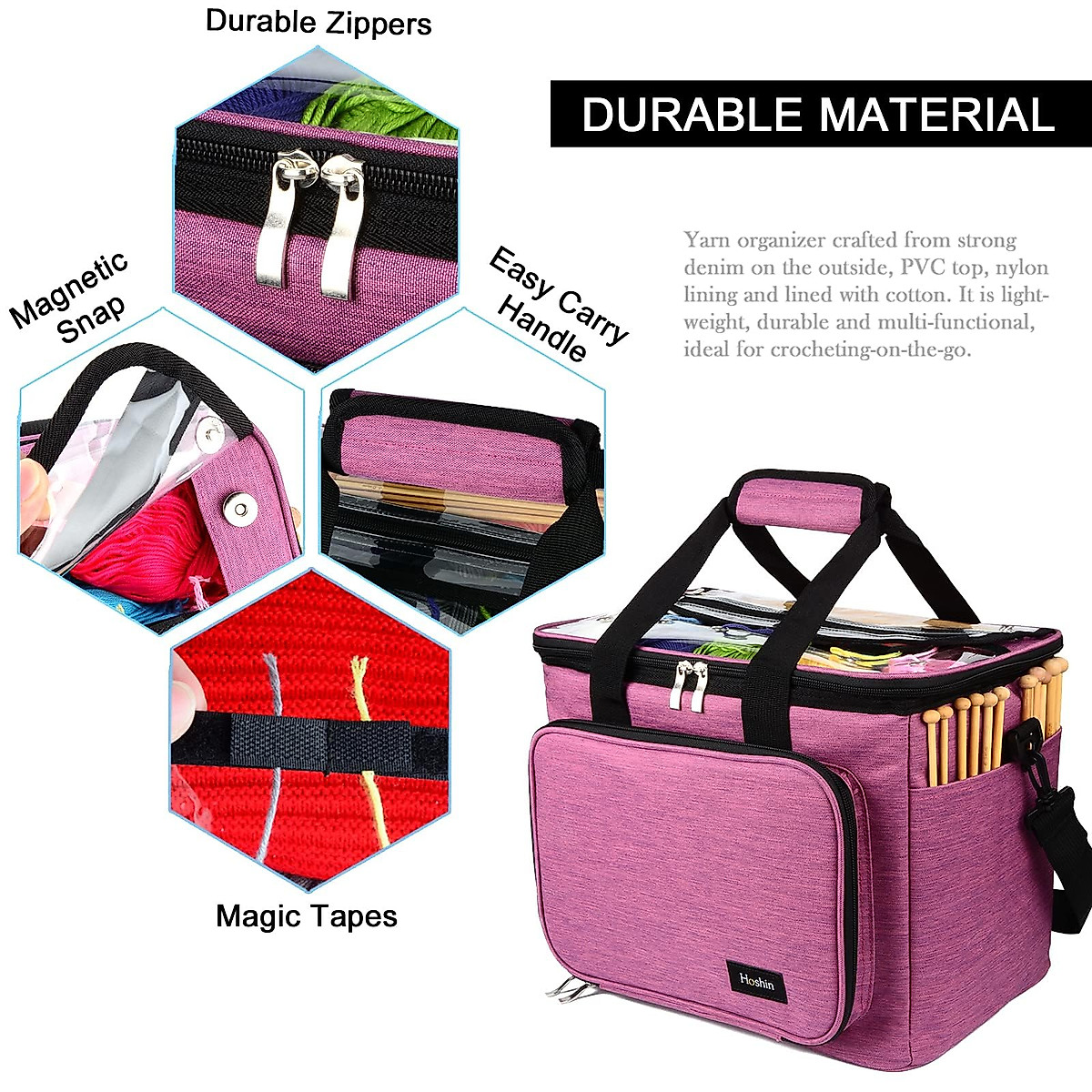 Hoshin Knitting Bag for Yarn Storage, High Capacity Yarn Totes Organizer with Inner Divider Portable for Carrying Project, Knitting Needles(up to 14”), Crochet Hooks, Skeins of Yarn (Purple)