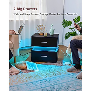 WEENFON Night Stands, LED nightstand with Charging Station, Bedside Table with 2 Wider and Deeper Drawers, Nightstand, Modern Design, End Side Table, Black