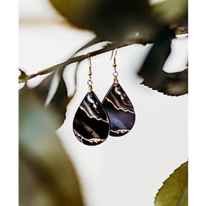 Black Earrings for Women Dangle Teardrop Trendy Boho Jewelry Gift for Her Handmade from The Painted Pug (Black and Gold)