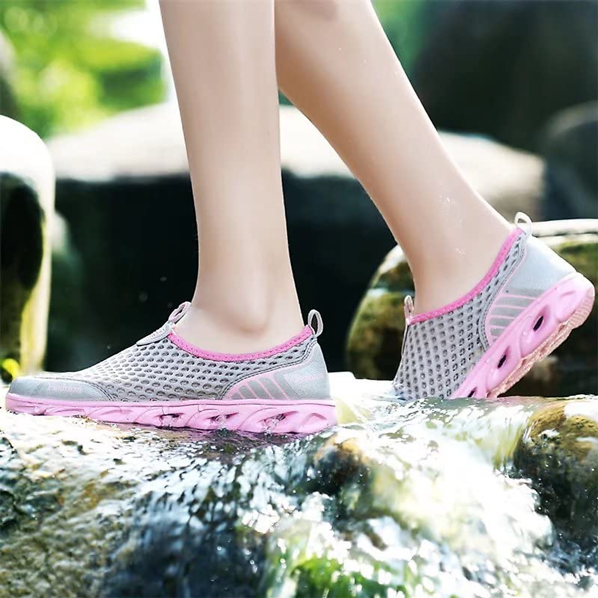 Zonkacen Man Woman Casual Athletic Breathable Quick Drying Upstream Shoes for Outdoor Fishing Water Beach River Sea Boat Aqua Swimming Holiday Gray Pink 7.5 Men/9 Women