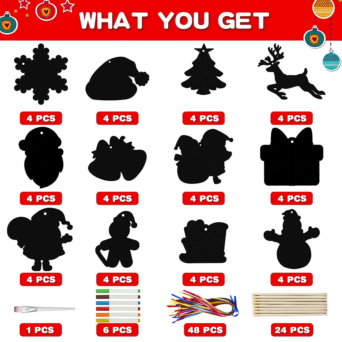 Max Fun Christmas Crafts Scratch Art for Kids, 48PCS Magic Rainbow Scratch Off Paper Cards, Christmas Ornaments Hanging Art for Kids Party Favors Supplies, Stocking Stuffers Educational Toys