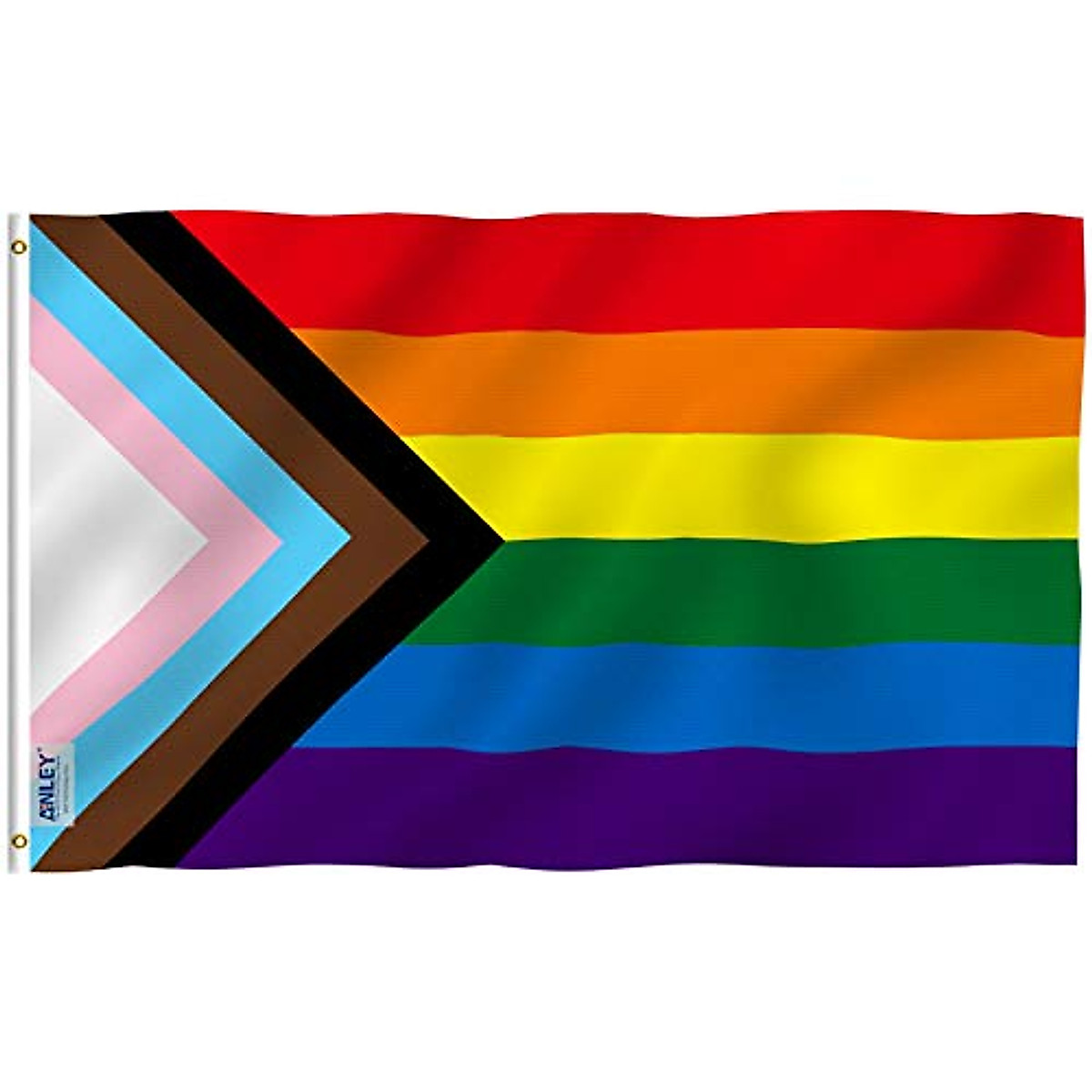 Anley Fly Breeze 3x5 Feet Progress Pride Flag Rainbow Flag - Vivid Color and Fade proof - Canvas Header and Double Stitched - Rainbow Transgender Lesbian LGBT Flag Polyester with Brass Grommets