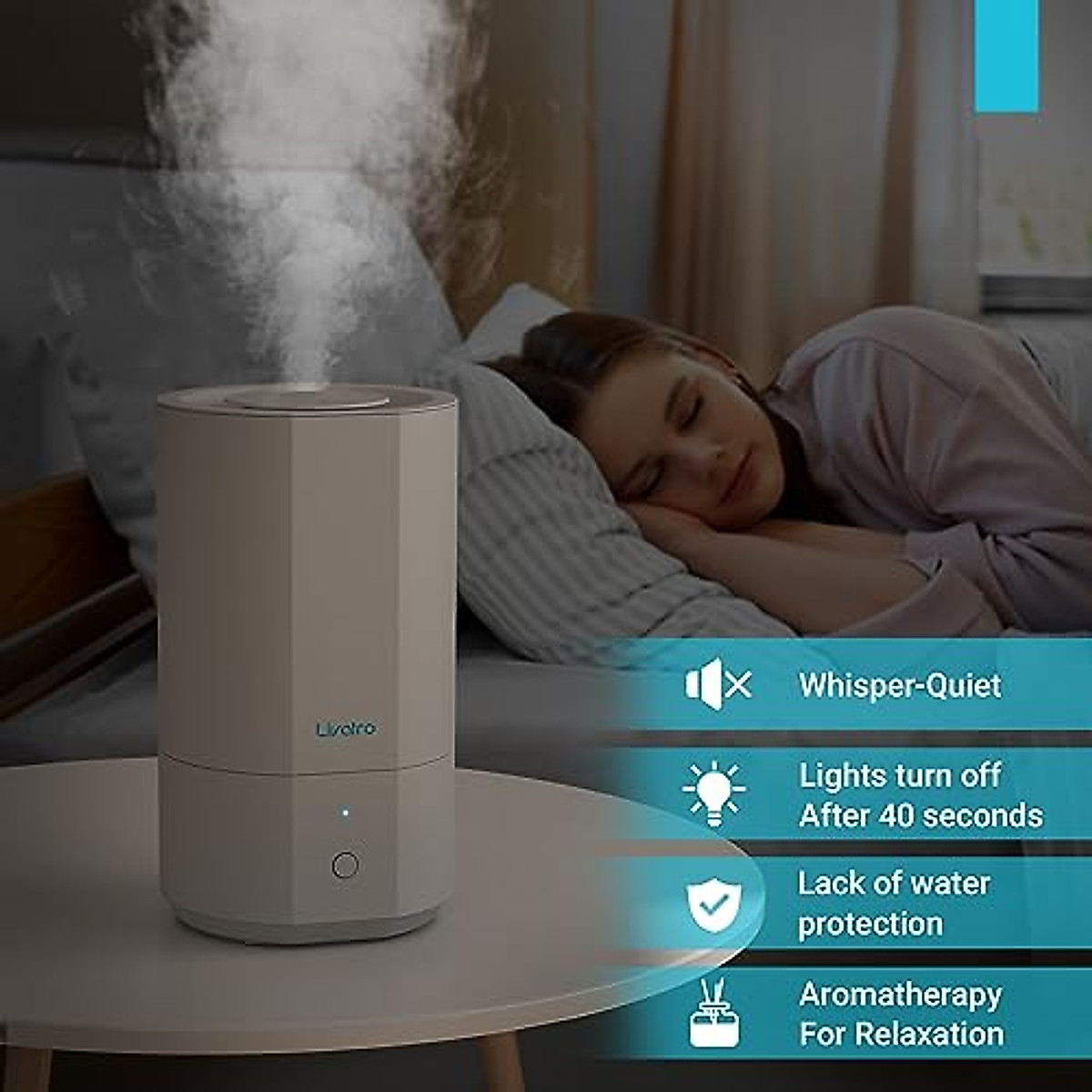 Livatro 4L Top Fill Humidifiers for Bedroom Large Room Nursery, Cool Mist Humidifier With Ultrasonic Quiet, Auto Shut-off and Easy to Clean, Last up to 40 Hours, White