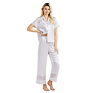 AW BRIDAL 2Pcs Sexy Womens Pajama Sets - Short Sleeve Silk Pajamas Long Pj Pants With Lace, Button Up Pajamas For Women, White, S| Clever Bridal Shower Gifts Bachelorette Gifts For Bride Pajamas