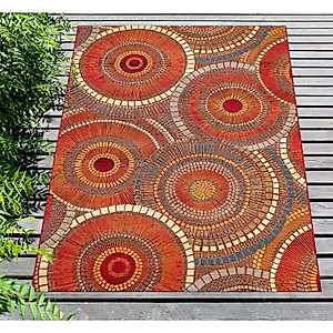 Liora Manne Marina Low Profile Durable Indoor/Outdoor Woven Rug- Circles Saffron 6'6" x 9'4"