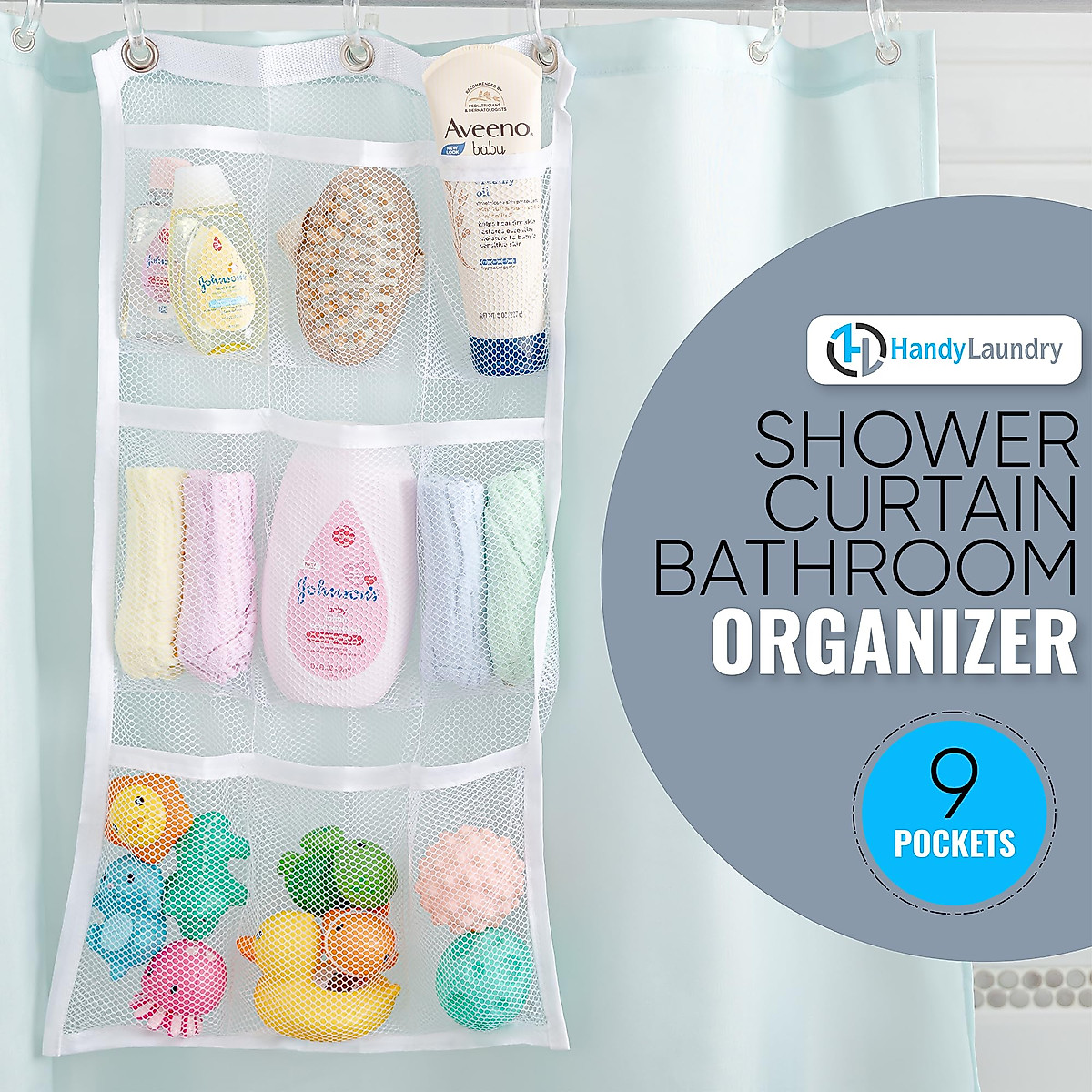 Handy Laundry Hanging Shower Organizer (2-Pack) - 9-Pocket - Mesh Caddy with Deep Storage Pockets for Organizing Bathroom Toiletries and Kids Bath Toys - Hang on Existing Shower Curtain Rings