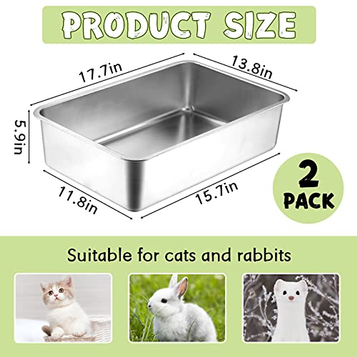 BNOSDM 2 Pack Stainless Steel Litter Box Smooth Litter Pan for Cats and Rabbits Metal Cat Litter Box High Sided, Non Stick, Easy to Clean, 17.7" L X 13.8" W X 5.9" H
