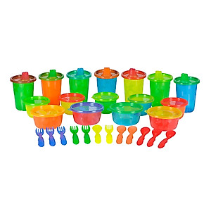 The First Years Take and Toss Toddler Feeding Set — Includes Dishwasher Safe Toddler Bowls, Toddler Snack Cups, Toddler Forks and Spoons, and Toddler Sippy Cups with Snap-On Lids — 28 Count