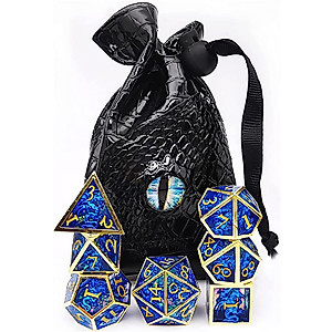 HAOMEJA Hollow Metal + Resin Dragons Dice Set DND 7 Set Dice Role Playing Dice D&D Dungeons and Dragons (Blue)