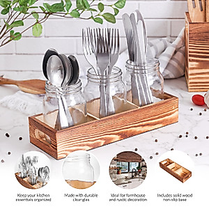 CB Accessories Mason Jar Glass Utensil Holder Flatware Caddy Silverware Organizer for Spoons, Knives and Forks with Rustic Wood Tray