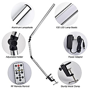 Coyfa LED Desk Lamp with Clamp and RF Remote, Metal Swing Arm Desk Lamps for Home Office, 3 Color Modes 6 Brightness Timing Dimmable Eye Caring Memory Function Desk Light