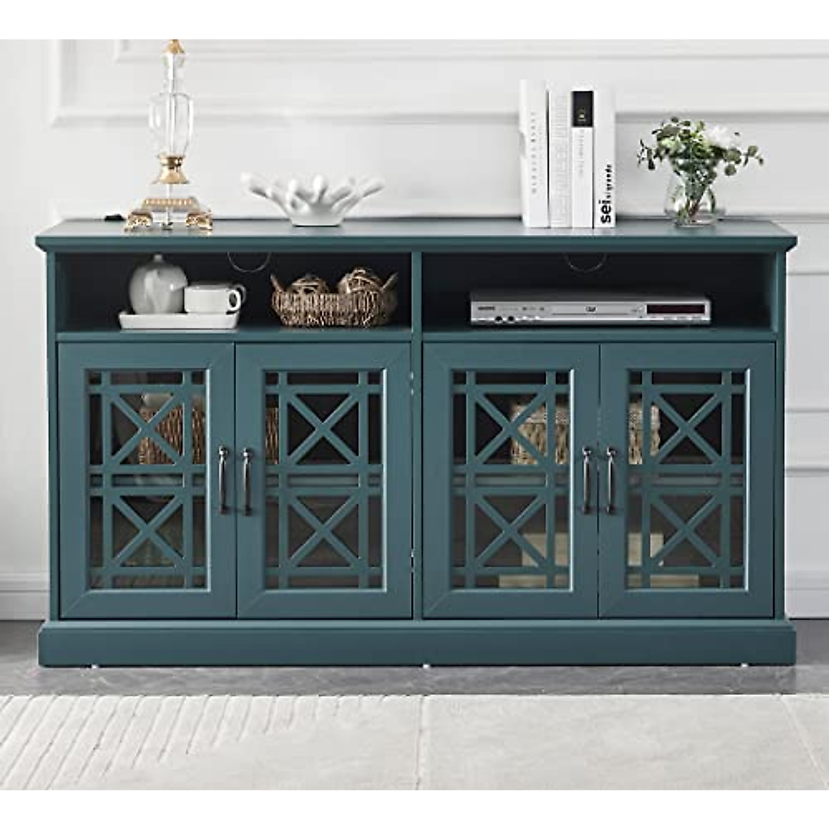 WTRAVEL Buffet Sideboard Kitchen Buffet Storage Cabinet, 4 Doors Storage Cabinet with Adjustable Shelves, Wood Console Table for Kitchen, Dining, Living Room, Dark Teal
