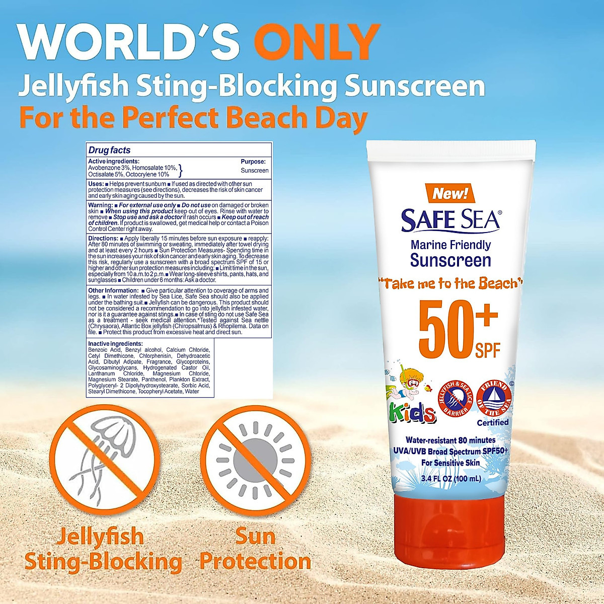 Safe Sea SPF50+ Kids Sunscreen | Travel Size 3.4 oz. | For sensitive skin | anti-jellyfish and Sea Lice sting protective lotion | Coral reef safe sunscreen