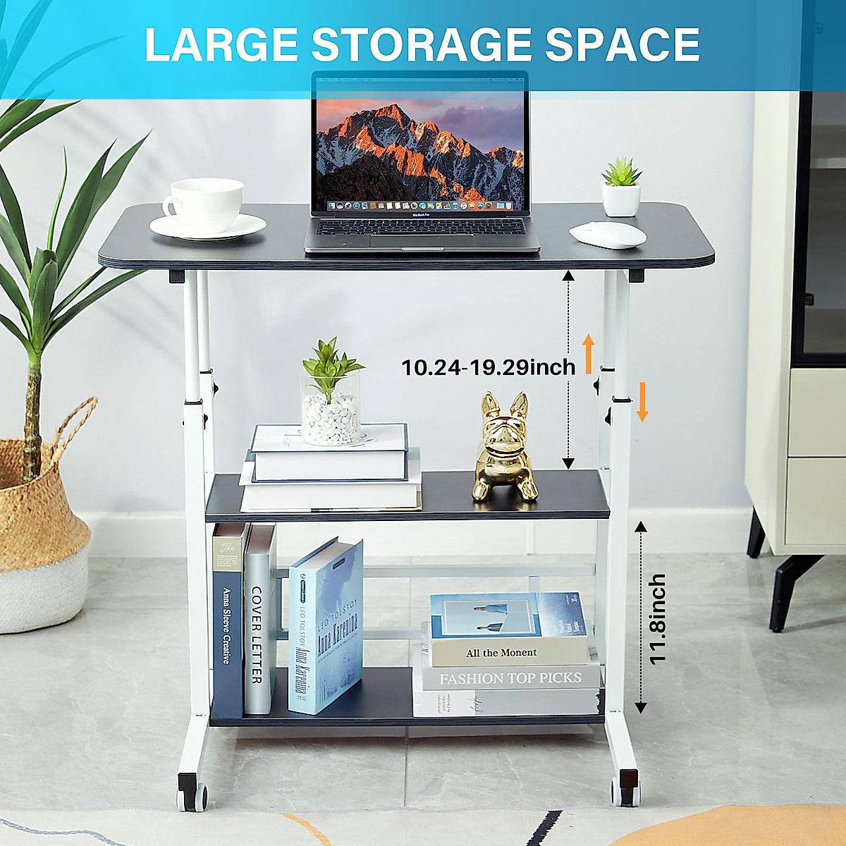BYMECOST Adjustable Height Student Computer Desk, Mobile Portable Laptop Table for Home Office, 31.5" Small Spaces Standing Desk with Storage for Bedside Study Work Game on Wheels