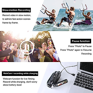 BAIZE Video Camera Camcorder 4K Digital Camera 48MP 16X Digital Zoom 3.0 Inch LCD 270 Degrees Rotatable Screen for Selfie Pause Function with External Microphone (Two Batteries and 32GB SD Card)