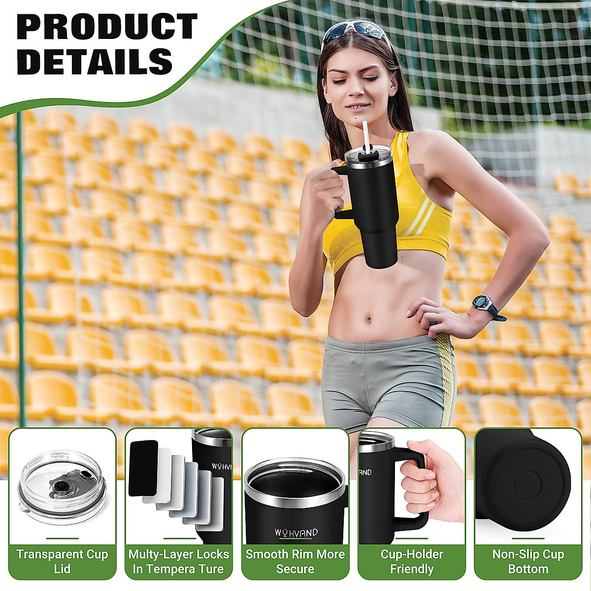 WYHVAND 40 oz Tumbler with Handle, Stainless Steel Insulated Tumbler with Lid and Straw Keeps Drinks Cold and Hot，The Best Birthday Gifts for Family，Friends -Black