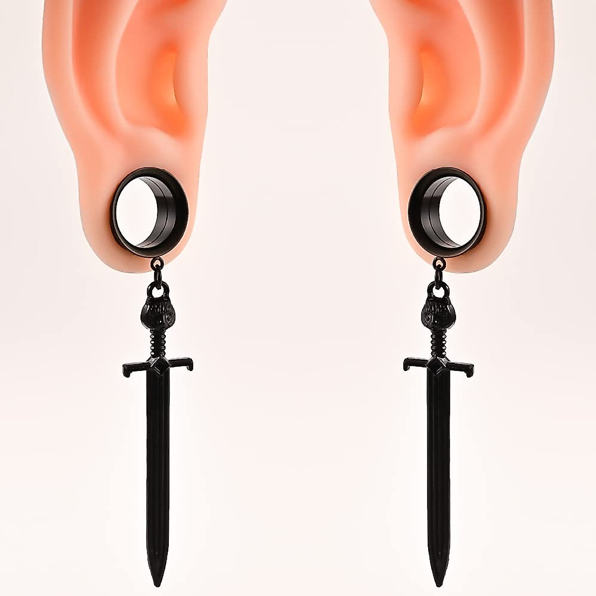 Atomhole 316 Hypoallergenic Stainless Steel Ear Gauges Cool Sword-Pendant Dangle Ear Plugs Tunnels Gauges Ear Stretching A Pair Selling 2g 0g Piercing Body Jewelry (25mm(1"), Black)