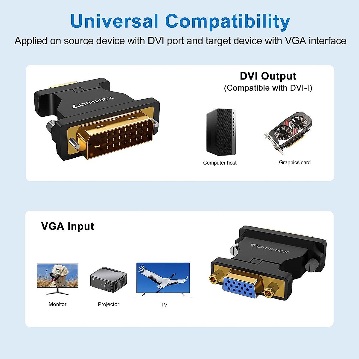 FOINNEX DVI to VGA Adapter, DVI-D to VGA Adapter, DVI-I to VGA Converter 24+1 &24+5 Compatible with Computer, Laptop to Old Monitor, TV, KVM