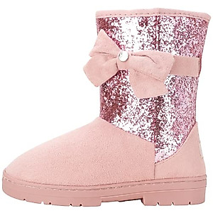 bebe Girls Winter Micro Suede Boots with Rhinestone Embellished Logo & Bow, Blush Glitter, Size 2 Little Kid