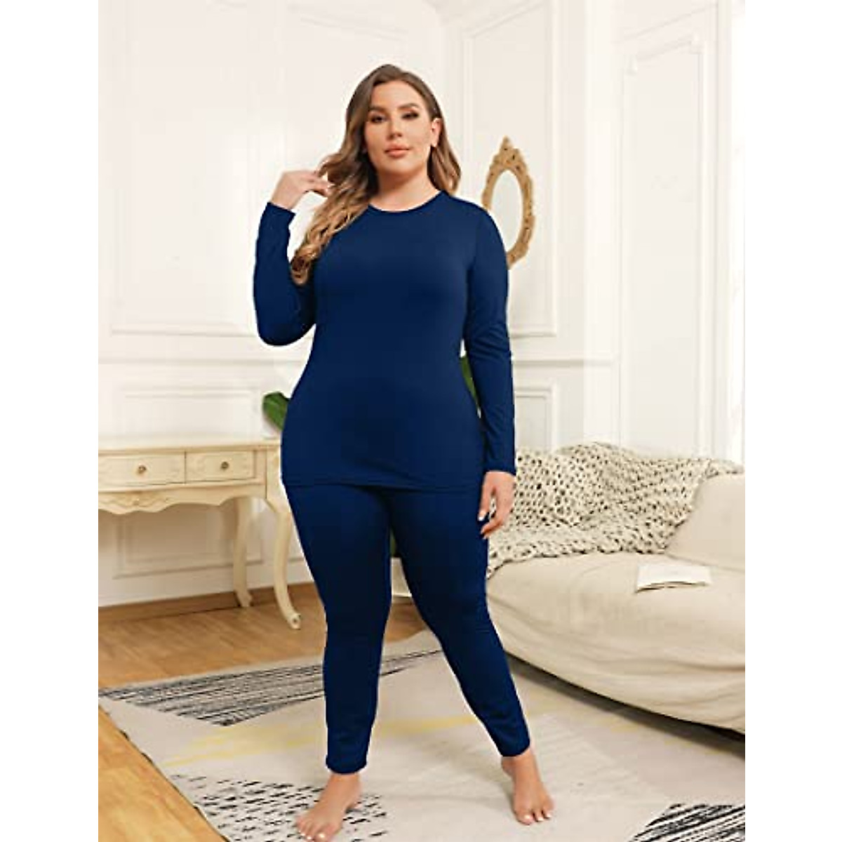COOTRY Plus Size Thermal Underwear for Women Long Johns Fleece Lined Base Layer Top and Bottom Sets Set - Navy 2XL