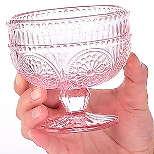 Vintage Glass Dessert Bowls Set of 6-11.5 oz Pink Embossed Glass Ice Cream Bowls for Salad, Candy Cake, Fruit,Trifle,Cocktail