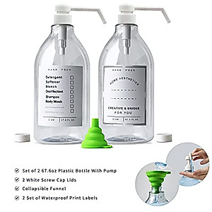 Unalilia Empty Plastic Laundry Liquid Dispenser Set - Large Soap Detergent Container (67.6 oz) Clear Reusable Pump Bottle for Detergent, Softener, Bleach, 2 Pack