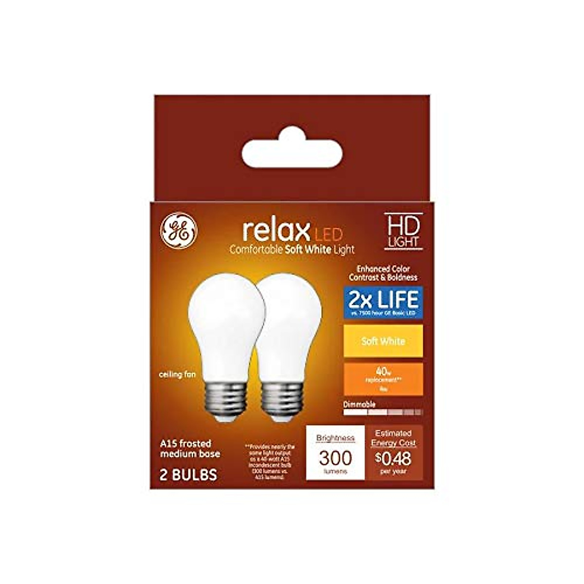 GE Relax 2-Pack 40 W Equivalent Dimmable Soft White A15 LED Light Fixture Light Bulbs Medium Base