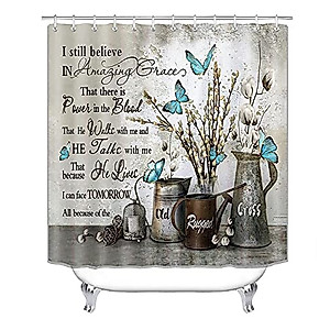 OLEBETY 4PCS/Set Inspirational Quotes Shower Curtain, Blue Butterfly White Cotton Flower Vintage Floral Country Rustic Farmhouse Bathroom Decor, Non-slip Bath Mat, Amazing Grace