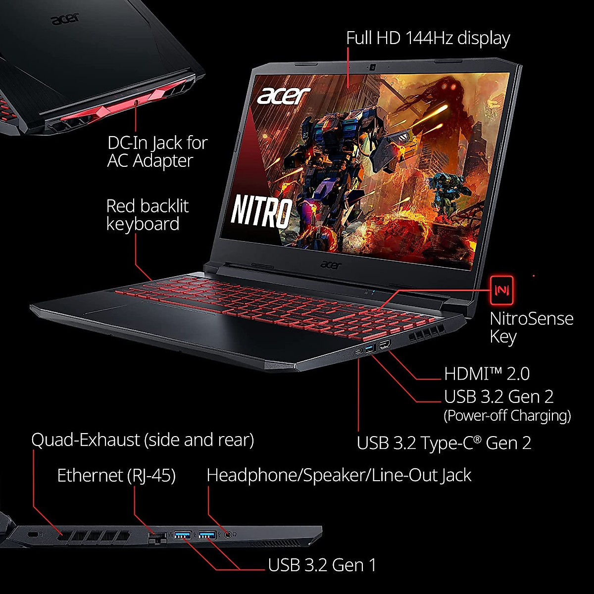 acer Nitro 5 15.6'' 144Hz Gaming Laptop, 11th Intel 8-Core i7-11800H(Beat Ryzen 7 5800H), Nvidia GeForce RTX 3050 Ti 4GB GDDR6, Backlit KB, Windows 11 Home(32GB|1TB SSD), Black