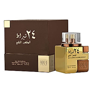 24 Carat EDP - 100 ML (3.4 oz) I Classic combination of Oudh, roses and vanilla I Incense, Amber, Leather, Musk, & Vanilla I Very Strong Smell I Powerful Arabic Attar perfume I by Lattafa (24 Carat Pure Gold)