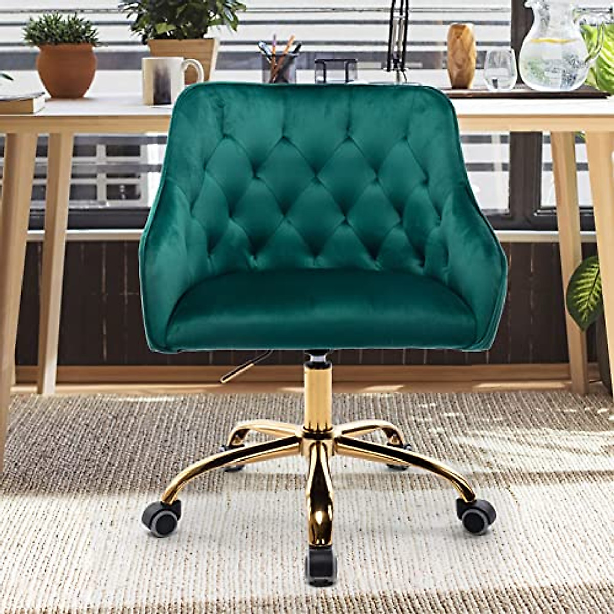 Goujxcy Desk Chair,Modern Velvet Fabric Office Chair,360° Swivel Height Adjustable Comfy Upholstered Tufted Accent Chair (Green)