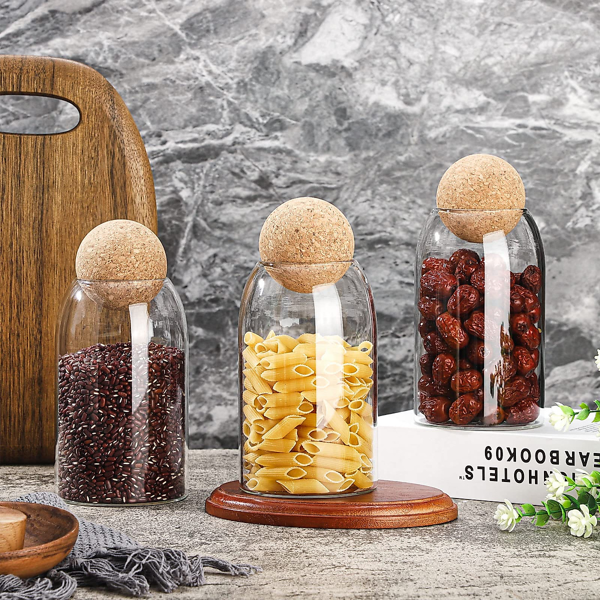 3 Pcs Glass Jar Storage Container with Ball Cork Decorative Round Organizer Bottle Sealed Canister Jar with Airtight Seal Wooden Lid for Food Coffee Bean Candy Biscuits Spice(800 ML/ 27 Oz)
