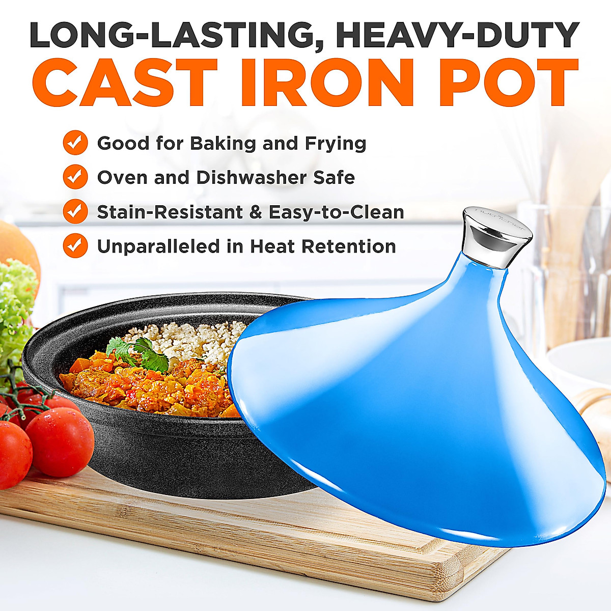 NutriChef Cast Iron Moroccan Tagine - 11.6 Inch Tajine Cooking Pot with Stainless Steel Knob, Enameled Base, Cone-Shaped Enameled Lid - Oven and Dishwasher safe - 2.75 Quart, Blue