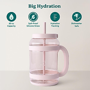 Reduce WaterDay 80 oz Water Jug with Time/Ounce Markings - Spill-Proof Straw, Durable Tritan - Big Water Bottle for Daily Hydration - Dishwasher Safe, Clear & Easy to Clean, Pink Quartz